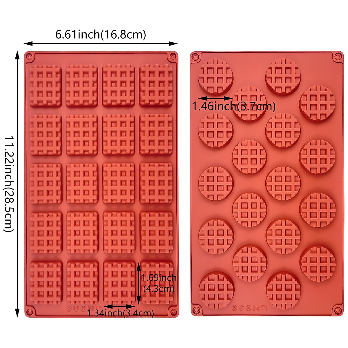 Aswewamt 2 Pcs Rectangle Round Waffle Silicone Mold 18-Cavity 20-Cavity Mini Waffle Cookie Chocolate Candy Fondant Baking Mold for Mini Muffin Dessert Cake