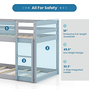 KOMFOTT Low Bunk Bed Twin Over Twin, Solid Wood Bunk Bed Frame with Built-in Ladder & Safety Guardrails, Space-Saving Low Bunk Bed for Kids, Teens, No Box Spring Needed