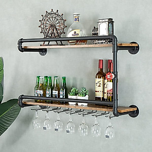 BOTAOYIYI Wine Rack Wall Mounted 2 Tier, Hanging Floating Bar Liquor Shelves with Glass Holder Storage Under, Industrial Rustic Pipe Farmhouse Kitchen Decor Black(35.4x10.6x19.7)