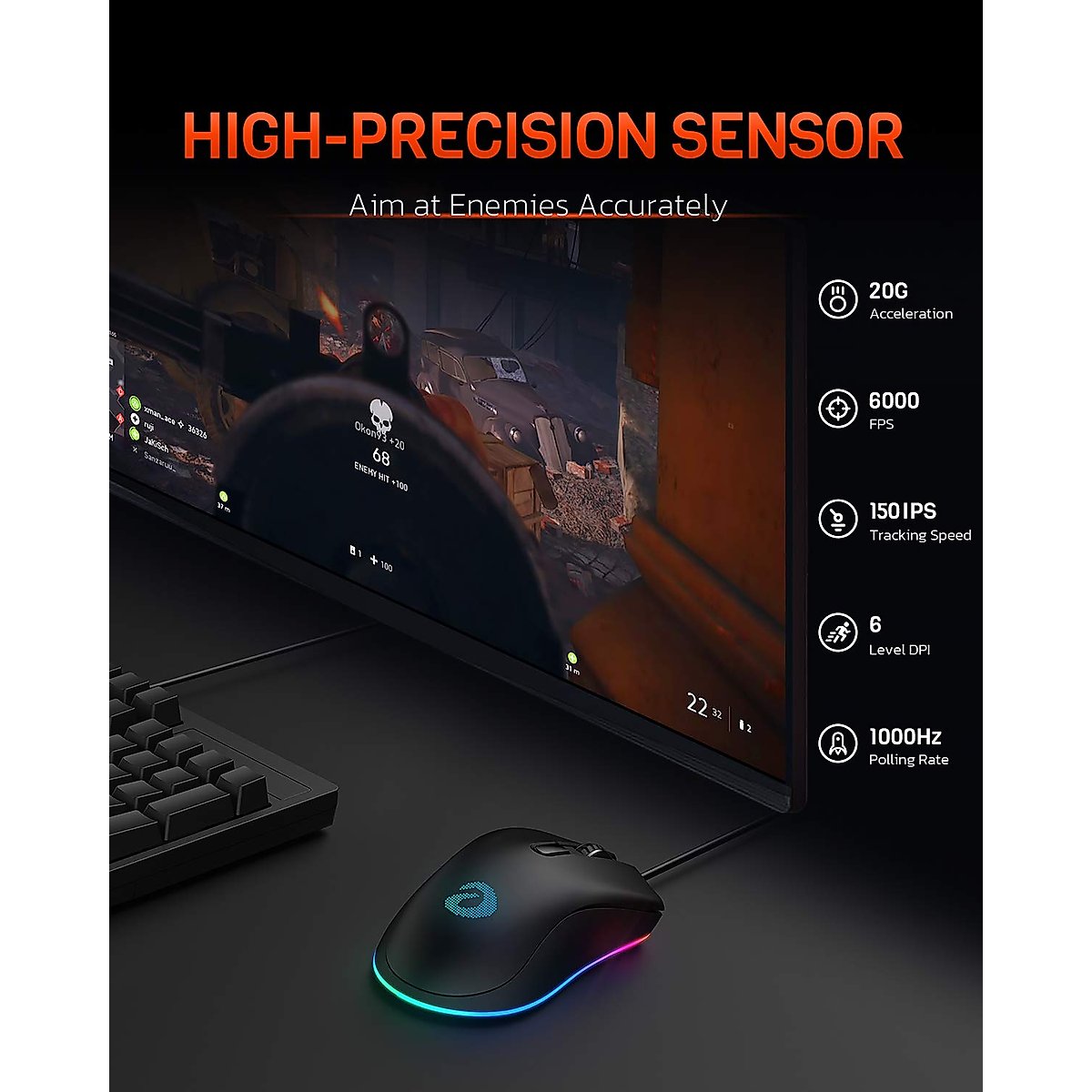 DAREU Wired Gaming Mouse, 6400DPI,6 Programmable Buttons, Ergonomic RGB Gaming Mouse with 16.8 Million Chroma 7 Backlit for PC, Laptop, and Notebook
