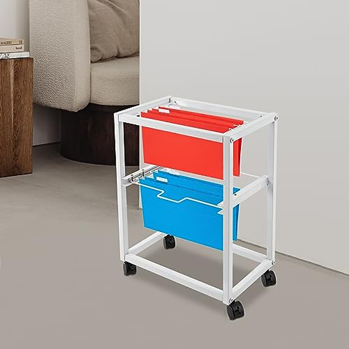 CNCEST 2 Tiers Metal Rolling File Carts, Hanging Files Movable Pull-Out File Cart, With Wheels Metal Carts, For Home Office-White
