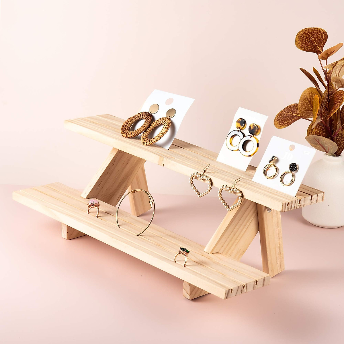 Eiyye 2-Tier Wooden Display Stand, Ring Earring Large Capacity Jewelry Display Stand,Wood Cupcake Stands Display Stand Craft Showing Organizer Tray For Retail Display Vendors Wood Riser(Natural)