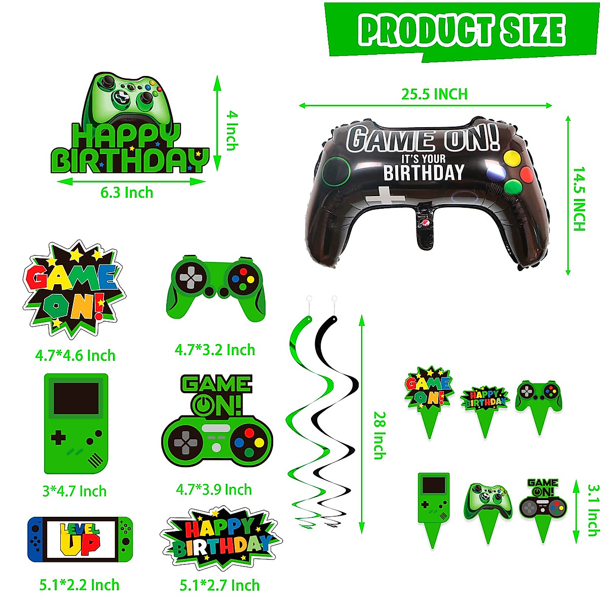 KimaruLZ Video Game Birthday Party Decorations - 108Pcs Green Gamer Gaming Party Supplies For Boys Birthday Party - Birthday Backdrop, Table Cover, Hanging Swirls, Cupcake Topper, Cake Topper, Balloon