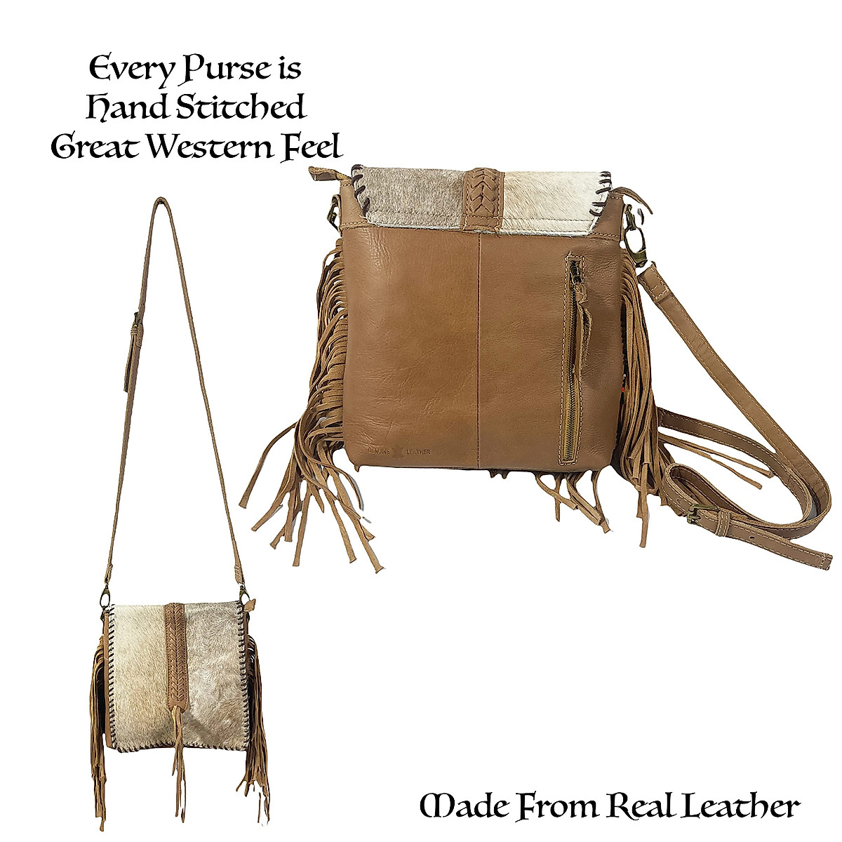 Urbalabs Western Cowhair Concealed Carry Womens Crossbody Fringe Purse Genuine Leather Handmade Stitched Handbag (Light Brown)