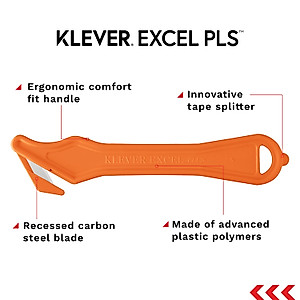 Klever Excel PLUS Wide Cut Safety Cutter, Carbon Steel Blade, Cuts Boxes, Film, Tape, and More, Utility Knife, Orange, 20/pk (PLS-400-30G)