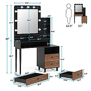 Tribesigns Vintage Vanity Table with Lighted Mirror, Vintage Makeup Dressing Table with Large Drawer and 3-Drawer Chest, Dresser Table for Women (Brown, Stool NOT Included) (Brown/Black)