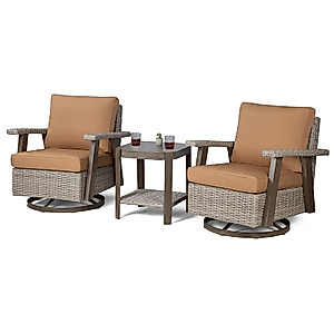 Joyside Outdoor 360 Degree Swivel Rocker Patio Chairs Sets of 2 and Matching Side Table - 3 Piece Wicker Patio Bistro Set with Premium Fabric Cushion(Grey/Camel)