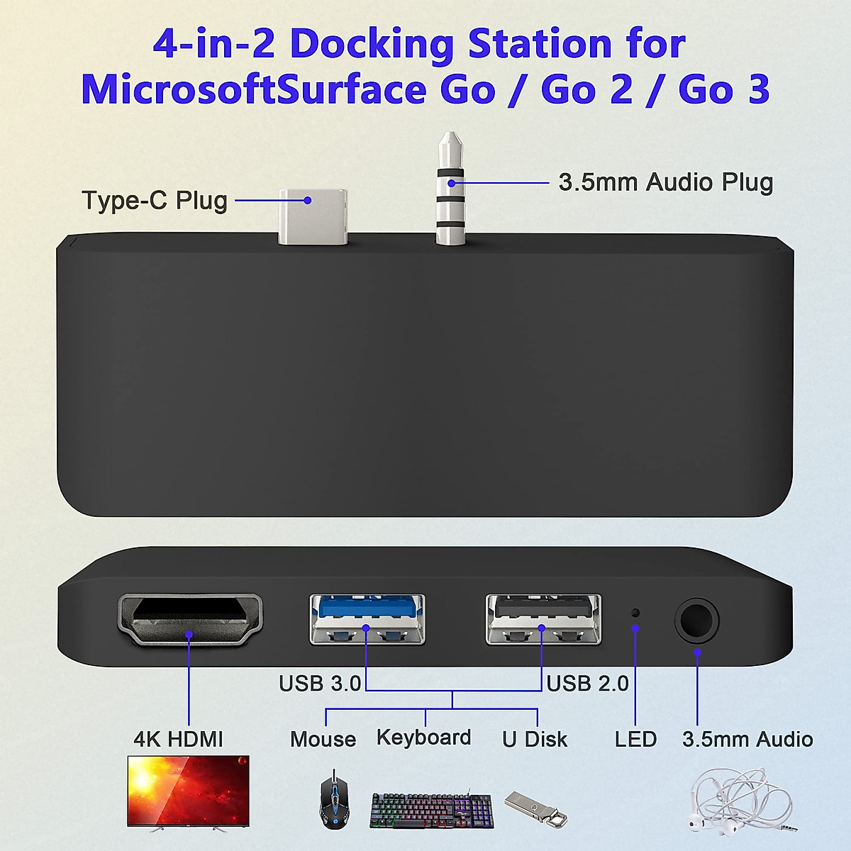 Microsoft Surface Go Docking Station, 4-in-1 Accessory with 4K HDMI + USB 3.0 Port Hub + 3.5mm Audio Adapter for Surface Pro and Go