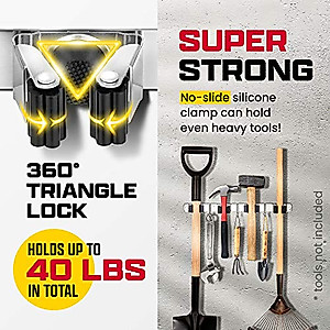 EFFEKTIVTOOLS Mop and Broom Holder Wall Mount – Self-Adhesive Stainless Steel broom hanger organizer – 4 Clamps, 3 Hooks, 5 Towel Hanging Clips Mounting Screws – Holds Up to 40 Lbs