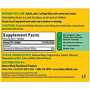 Nature Made Magnesium 250 mg, Dietary Supplement for Muscle, Heart, Bone and Nerve Support, 90 Softgels, 90 Day Supply
