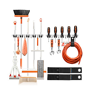 2 Pack Broom Holder Wall Mount with 13" Heavy-duty Storage Strap Bundle - 5 Racks and 4 Hooks Broom Hanger Wall Mount, Mop and Broom Holder Wall Mount, Self Adhesive, Heavy Duty, Stainless Steel