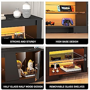 HOME BI TV Stand with LED Lights for TVs up to 70 inch, Entertainment Center with Glass Shelves and Two Cabinets, Console TV Stand for Living Room, 22 RGB Modes, Black