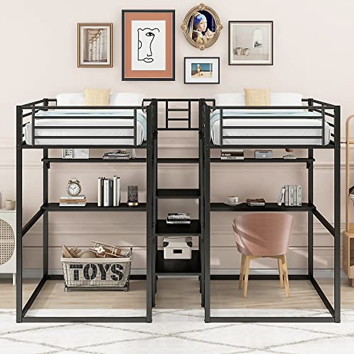 Double Twin Over Twin Bunk Bed with Desk and Shelves, Metal 4-in-1 Bunk Bed Frame with Storage Staircase and Safety Guardrail for Kids Teens Adult Bedroom, Maximize Space Savings (Black + Metal-2)