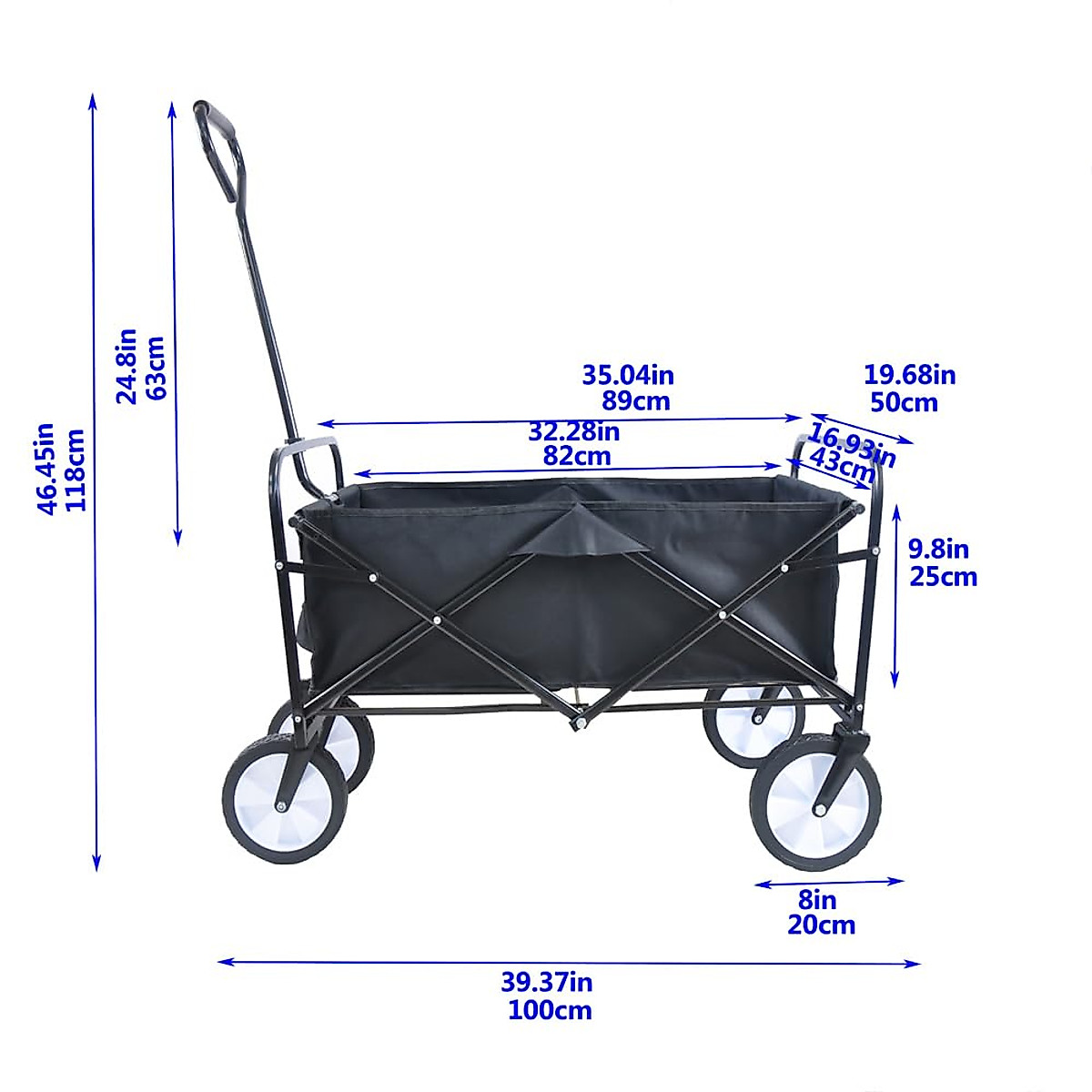 Folding Collapsible Wagon,Large Capacity Outdoor Wagons Carts Heavy Duty Foldable Utility with Big All-Terrain Wheels &2 Side Pocket for Camping,Sports, Garden Shopping Beach Cart(Black)