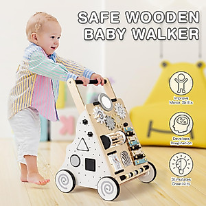 Wooden Baby Walker, Adjustable Speed Toddler Push Walker Activity Center Toy with Shape Sorter Gift for Boy Girl 1 2 3 Year Old, Push Toys for Babies Learning to Walk, infant walker for 6-12-18 Months