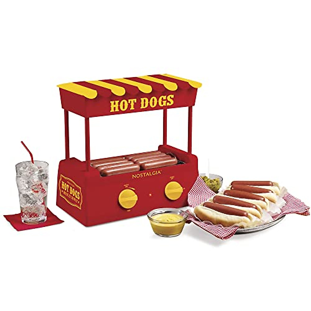 Nostalgia Countertop Hot Dog Roller and Warmer, 8 Regular Sized Hot Dogs, 4 Foot Long Hot Dogs and 6 Bun Capacity, Stainless Steel Rollers, Perfect For Breakfast Sausages, Brats, Taquitos, Egg Rolls