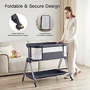 Baby Bassinets,Bedside Sleeper for Baby, Easy Folding Bedside Crib 7 Height Adjustable with All Mesh Baby Bed for Infant Newborn Girl Boy (Dark Grey)