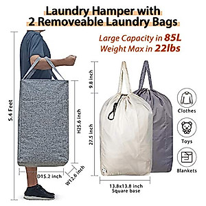 UniLiGis Laundry Hamper, Collapsible Laundry Basket with Removable Laundry Bags, Linen Clothes Hamper for Bedroom, Laundry Room, Bathroom, College, Grey