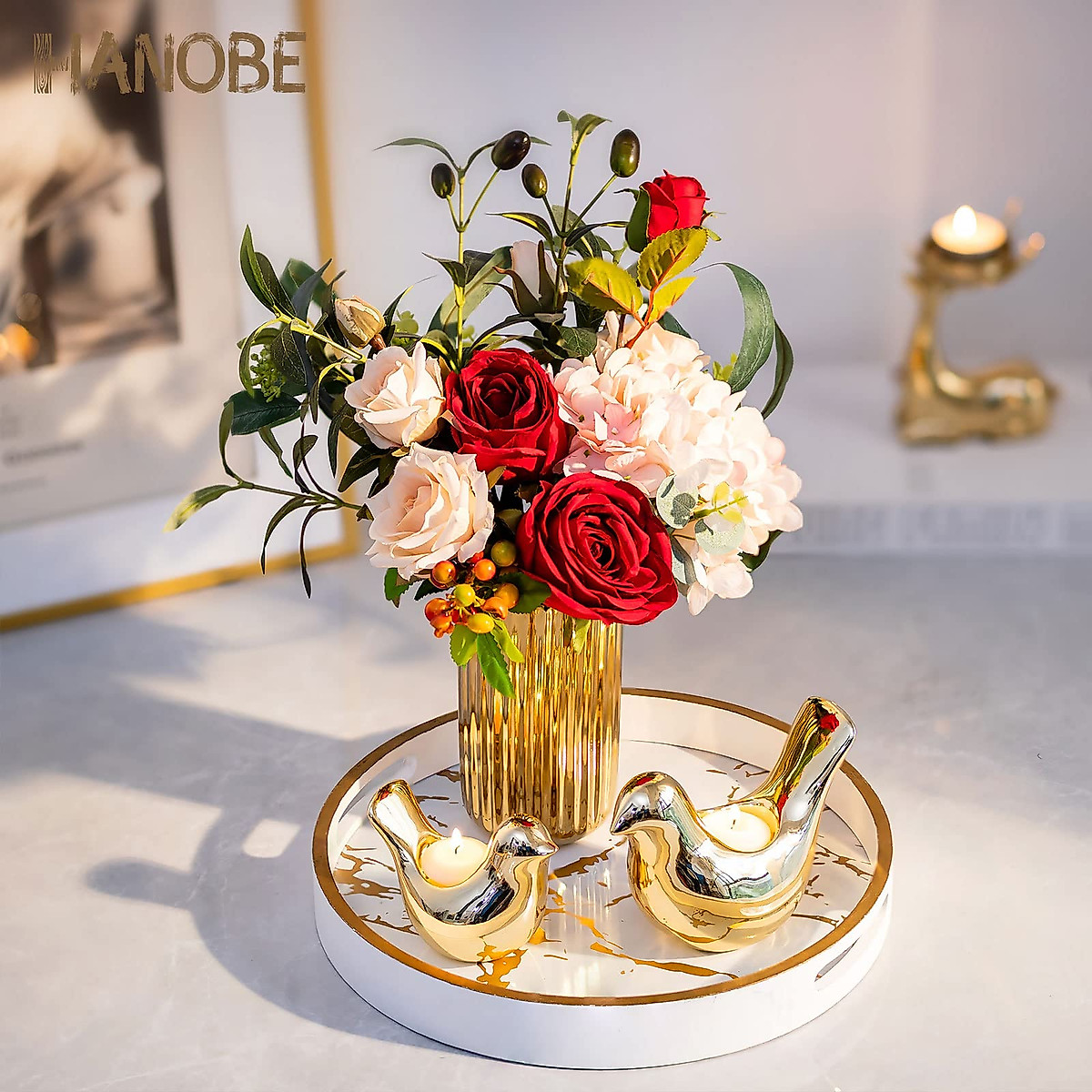 Hanobe Round Decorative Coffee Tray: Marble Pattern Serving Circle Tray with Handles Coffee Table Trays for Living Room Bar Drink Party Home Kitchen, White