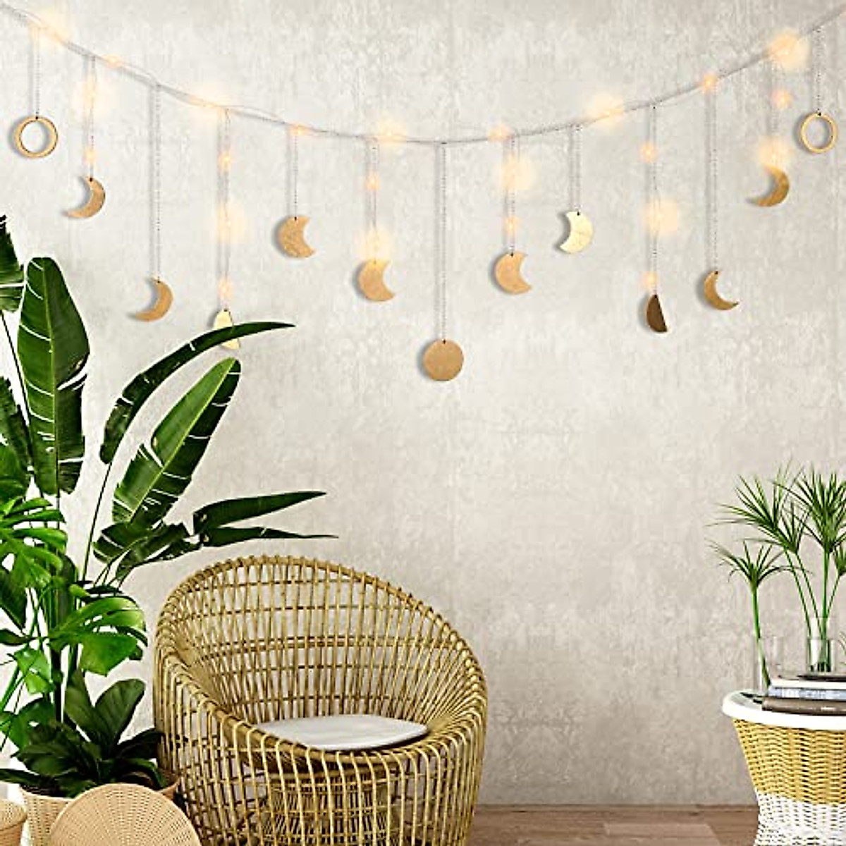 Moon Phase Wall Decor with LED String Light, 13 Gold Hammered Wood Boho Wall Hanging Decor Mood Garland 56'' - Celestial Phases Moon Decor in Bohemian Style for Bedroom Home Living Room Gift