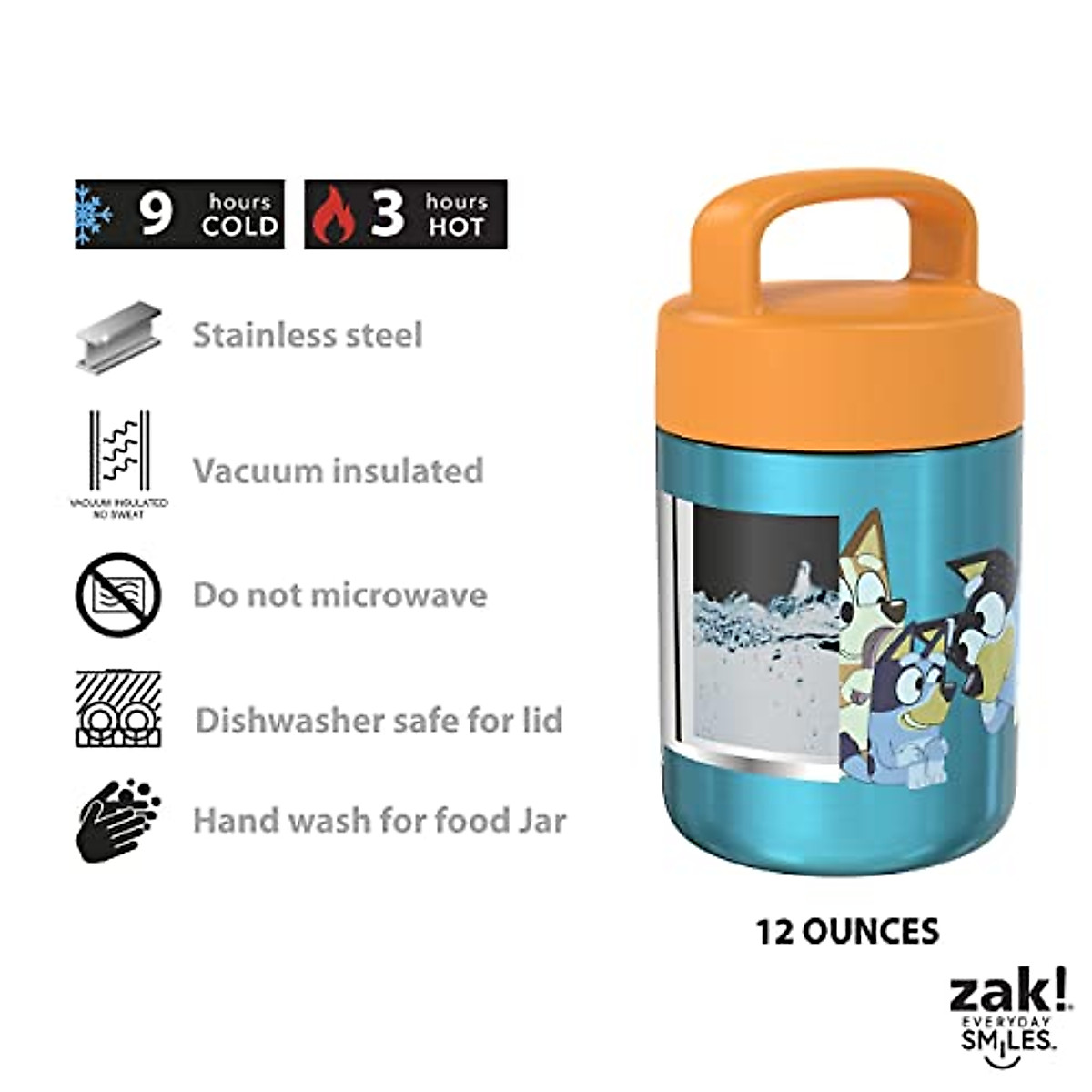 Zak Designs Bluey Kids' Vacuum Insulated Stainless Steel Food Jar with Carry Handle, Thermal Container for Travel Meals and Lunch On the Go (12 oz, 18/8 SS)
