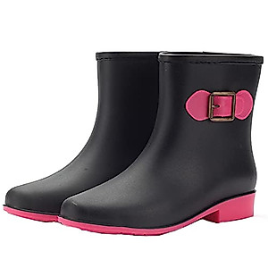 Toe Boots Women Low-Heeled Middle Shoe Rain Buckle Waterproof Round Women's Rain Shoes Craftsmen Work Boots Mens (Hot Pink, 9)
