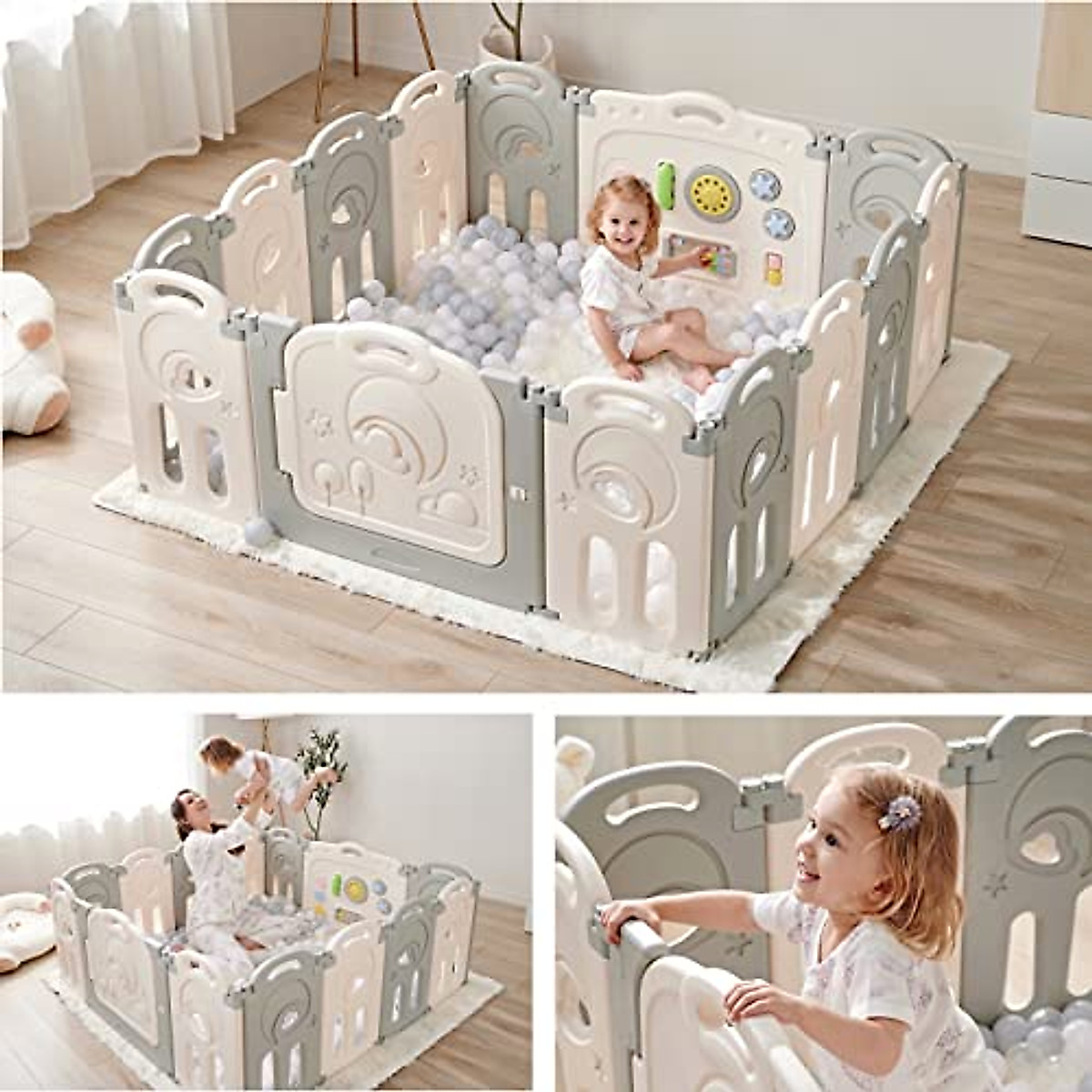 Fortella Cloud Castle Foldable Playpen, Baby Safety Play Yard with Whiteboard and Activity Wall, Indoors or Outdoors (Gray, 14 Panel)