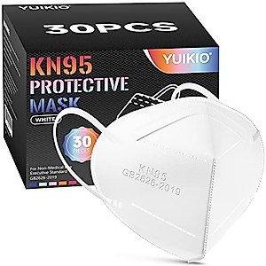 YUIKIO KN95 Face Mask, 30 Pack Protective KN95 Masks for Adults, Filter Efficiency≥95%,5 Layers Filter Safety Mask Against PM2.5 Disposable KN95 Respirator Masks in Bulk (White)