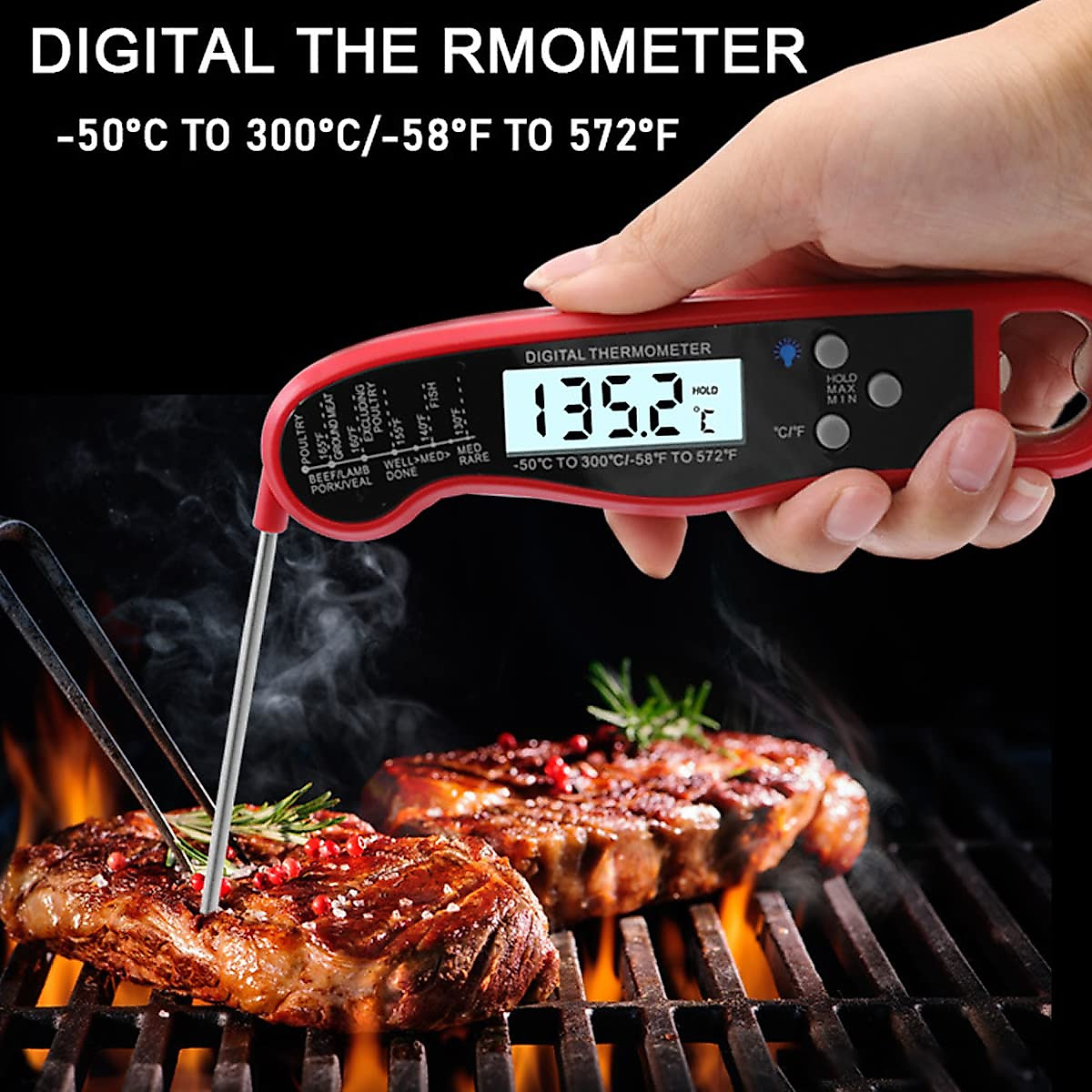 Meat Thermometer-Food Thermometer Compatible Bottle Cap Opening,Used for Cooking Kitchen Candy Meat Digital Thermometer,Instant Read Meat Thermometer for Oil Deep Fry BBQ Grill Smoker