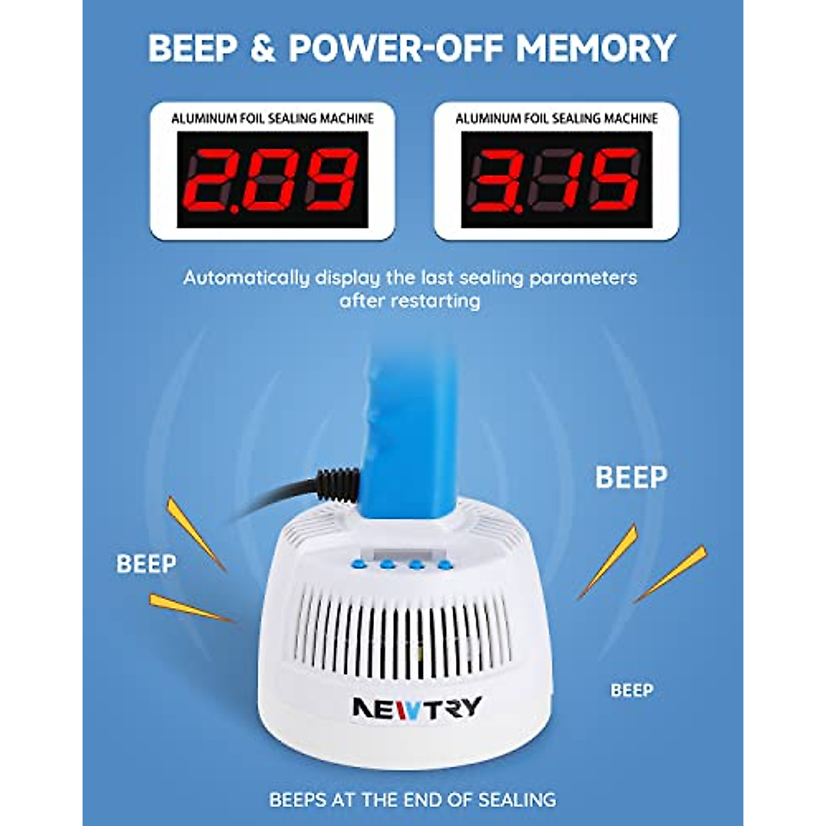 NEWTRY Induction Sealer Heat Handheld Sealing Machine Diameter 0.79’’-3.94’’ Electromagnetic Manual Power & Time Adjustable for Plastic Glass Bottles Caps(110V US Plug)