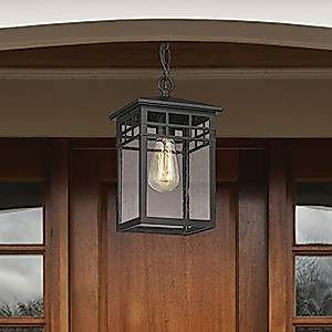 Diyel Outdoor Pendant Light Lanterns for Front Porch, Black Exterior Hanging Light Fixtures with Seeded Glass Shade for Patio, Entryway, Garage, Gazebo, RZ009-H BK