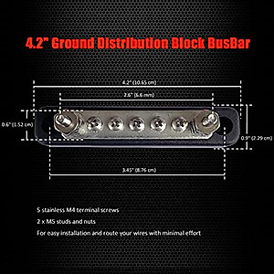 Ampper 5 Terminals Bus Bar, 4.2" Ground Distribution Block Brass Battery BusBar Junction for Car Vehicle Rv Truck Marine Boat Audio Amplifier and More (Black)