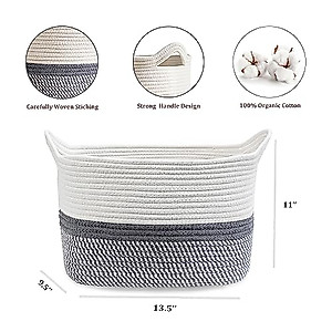 JIA QAQ Square Cotton Rope Samll Baskets With Handles for Nursery, Toys, Household, Handcrafted Woven Gift Baskets for Storage and Organization,13.5x11x9.5inch (white-grey)