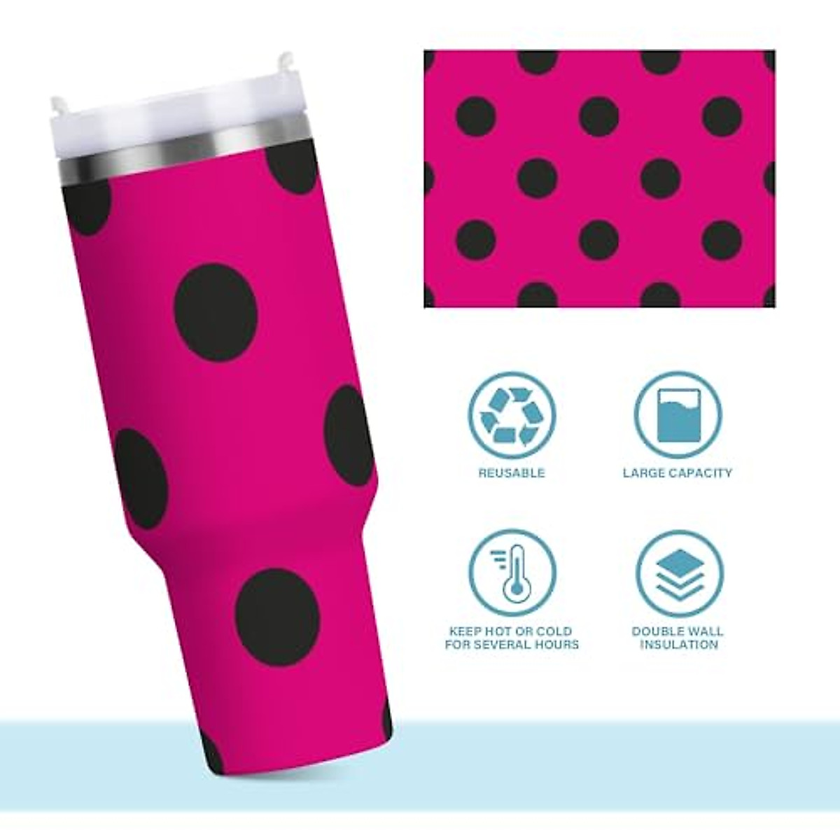 ODAWA Large Hot Pink Polka Dots Insulated Water Bottle with Handle and Straw, Insulated Stainless Steel Tumblers Insulated Travel Tumbler