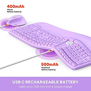 MEETION Ergonomic Wireless Keyboard and Mouse, Ergo Keyboard with Vertical Mouse, Split Keyboard Cushioned Wrist Palm Rest Natural Typing Rechargeable Full Size, Windows/Mac/Computer/Laptop,Purple