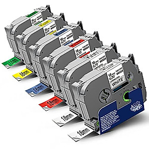 Topcolor 6-Pack Tz 18mm 0.7" Laminated Tape Compatible for Brother TZe-141 TZe-241 TZe-441 TZe-541 TZe-641 TZe-741 P Touch Tze 18mm Label Tape 3/4" for PTD410 PTD400 PTD610BT PTD600 PTD450 PTP750W