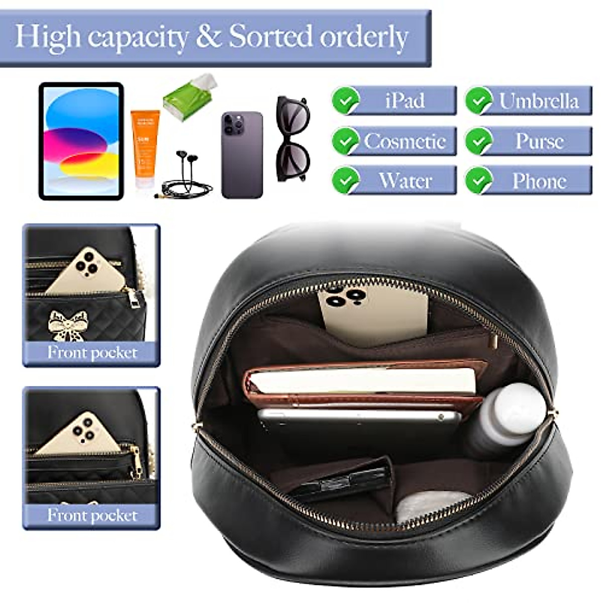 BESYIGA Backpack Purse for Women, Mini Leather Backpack for Women Chain Shoulder Travel Bag with Detachable Handbag, 2 Pieces（Black）