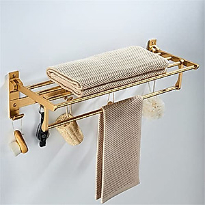WANLIAN Towel Rack for Bathroom Adjustable 20 Inch Dual Towel Shelf with Double Bar Wall Mounted Stainless Steel Bath Towel Shelf Rack with Hooks Hotel Style Brass Gold (Gold)