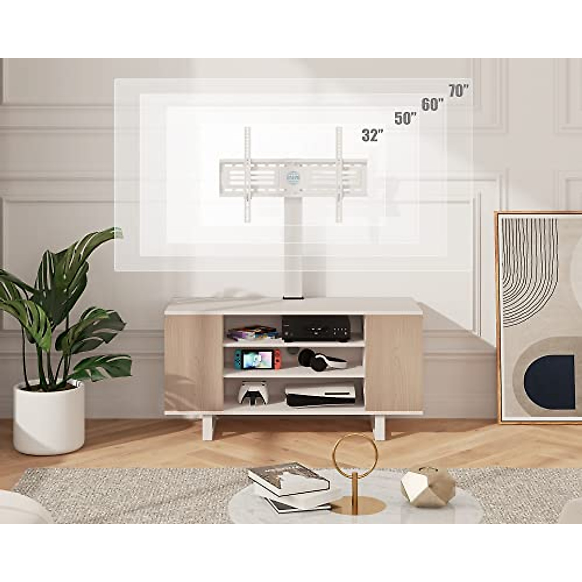 FITUEYES TV Stand with Mount for 32-70 inch TVs, Entertainment Center Holds Up to 110 Pounds, Swivel Floor TV Stand Mount for Living Room, Bedroom (Natural Television Stands, LED Light)