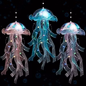 Rossesay 3 Pcs Jellyfish Lamp Colorful Jelly Fish Light Lamp Hanging Jellyfish Decorations LED Jellyfish Lantern for Birthday Under Sea Mermaid Wedding Baby Shower Ocean Theme Ceiling Bedroom Decor