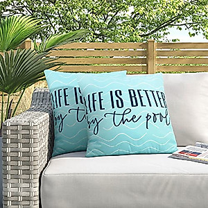 Adabana Pack of 2 Blue and Navy Outdoor Waterproof Throw Pillow Covers 18x18 Decorative Pillows Case for Patio Furniture Garden, Life is Better by The Pool