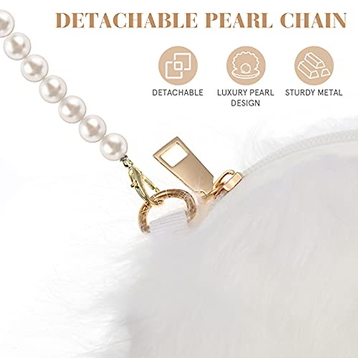 FENICAL Crossbody Bag Plush Pearl Chain Cellphone Purse Small Fuzzy Shoulder Pouch for Women Ladies Girls - White