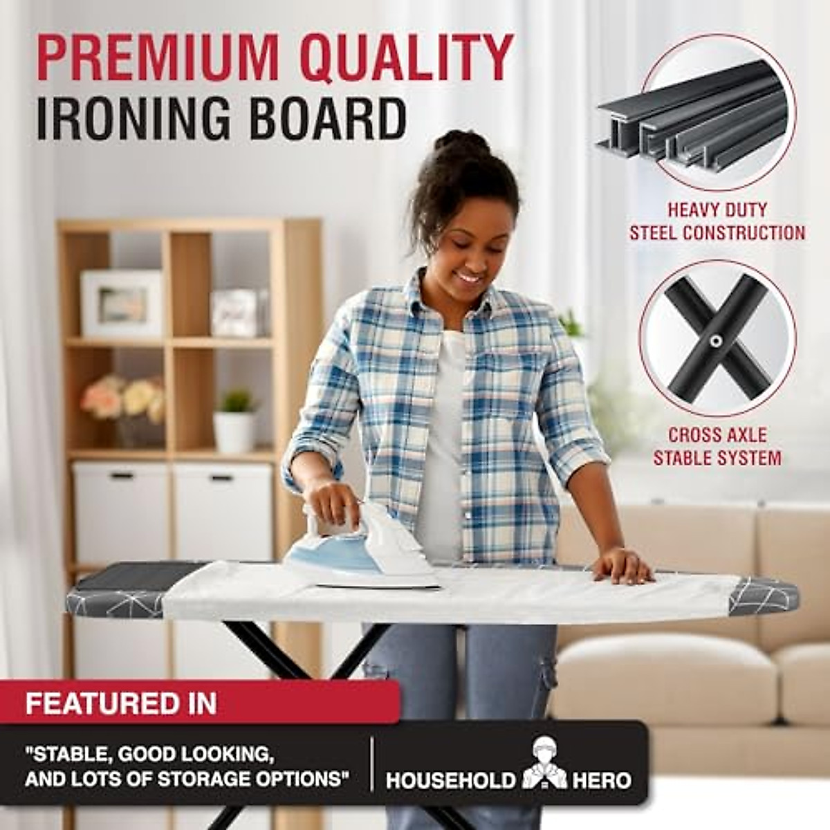 D-Crease+ 48" X 13" Full Metal Ironing Board W/Silicon Iron Rest, Wall Mount & Closet Hanger, Full Metal Heavy Duty Construction, Heat & Scorch Resistant Fabric, 36" Height Adjustable