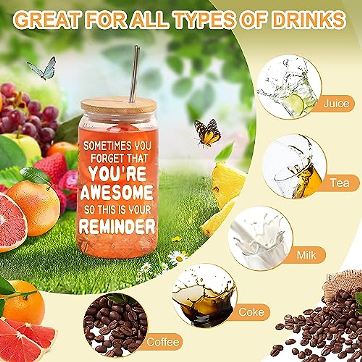 Birthday Gifts for Women Men - Iced Coffee Glass with Bamboo Lid and Straw, Thank You Gifts for Best Friend Coworker Boss Lady, Her, Daughter, Inspirational Appreciation Drinking Can Shaped Cup