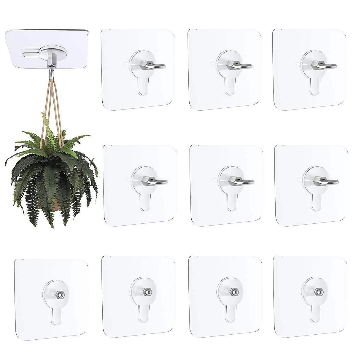 12 PCS Heavy Duty Adhesive Ceiling Hooks, No Drill Self Adhesive Ceiling Hanging Hook Steel No Nail Ceiling Wall Hangers for Indoor Outdoor Hanging Plants Lanterns Wind Chimes