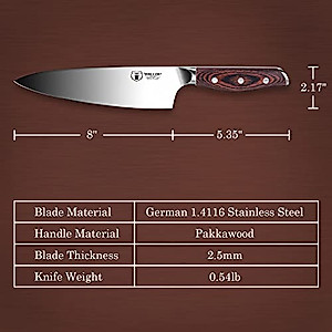 WALLOP Chef Knife - Pro Kitchen Knife 8 inch Chef's Knife Japanese Gyuto Knife Ultra Sharp, German High Carbon Stainless Steel Full Tang Brown Pakkawood Handle, Gift Box Package, Jane Series
