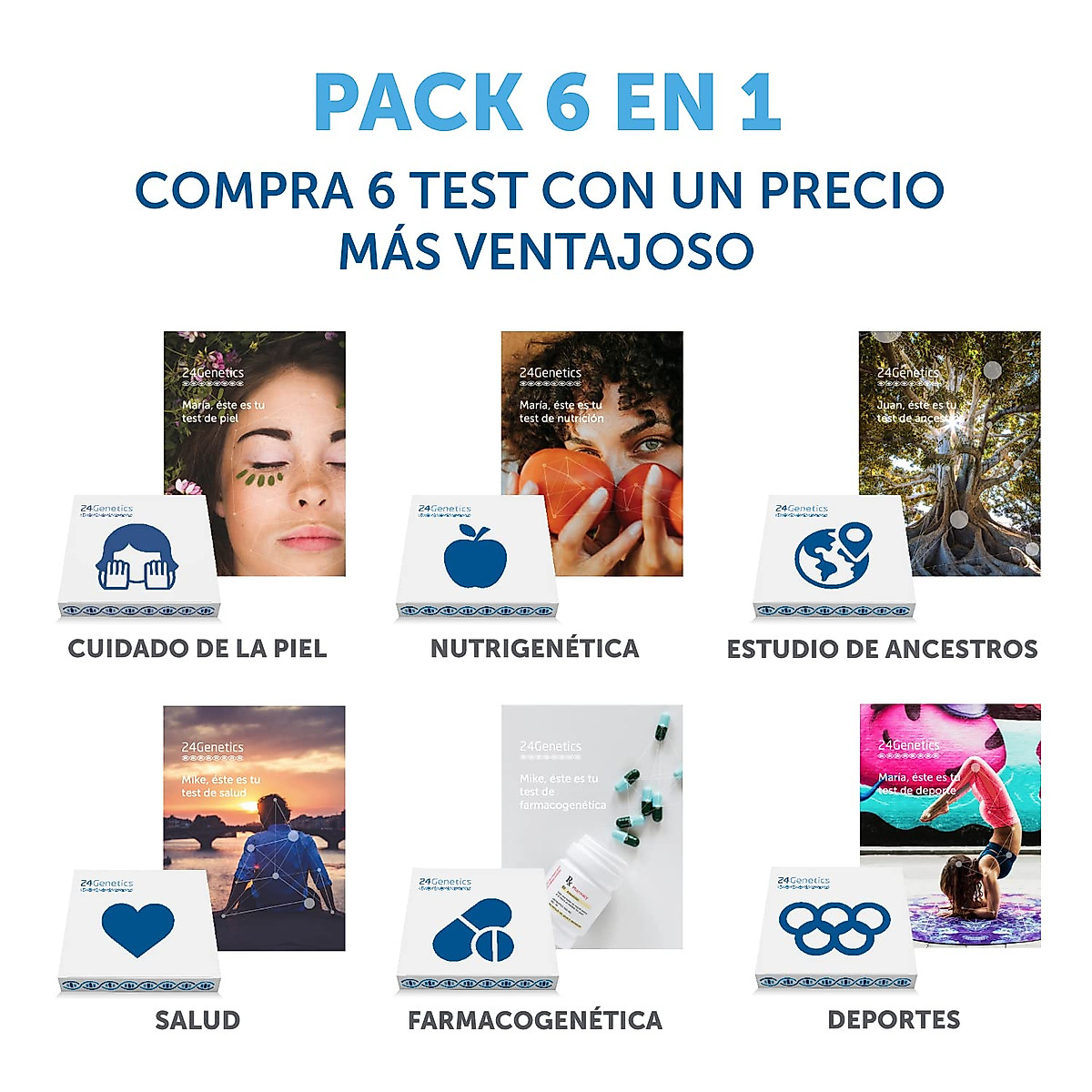 24Genetics - 6 in 1 DNA Test: Health, Nutrigenetics, Sport, Skin Care, Pharmacogenetics and Ancestry - Complete Genetic Test - Get All Our Reports at The Best Price