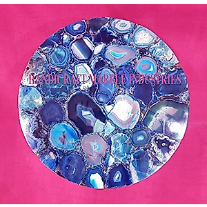 15" Inch Round Natural Blue Agate Coffee Table with with Metal Base, Agate Table Top Home Decor, Agate Round Coffee Table