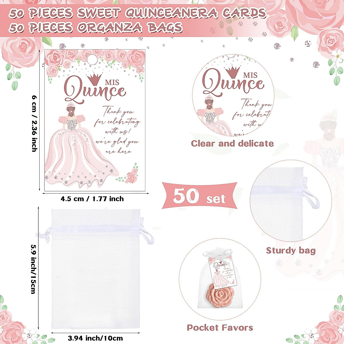Wenqik 50 Sets Quinceanera Party Favors for Guests 50 Rose Design Compact Pocket Mirrors 50 Quinceanera Cards Thank You Gift and Organza Bags Sweet 15 Mis Quince Birthday Sweet Party Favor(Pink)
