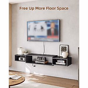 Vicodabo 55" Floating Wall TV Cabinet Stand with Power Outlet, Wall Mounted Wood Media Console, Modern Entertainment Center for Living Room,Bedroom (Black Color)